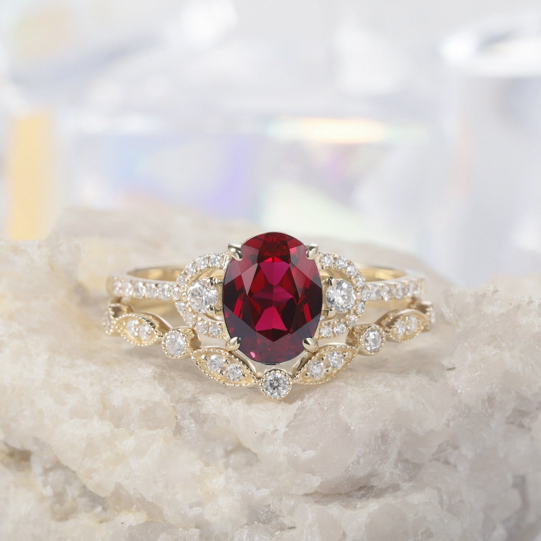 Oval Lab Ruby Ring Set, Vintage Yellow Gold Ruby and Diamond Engagement ...