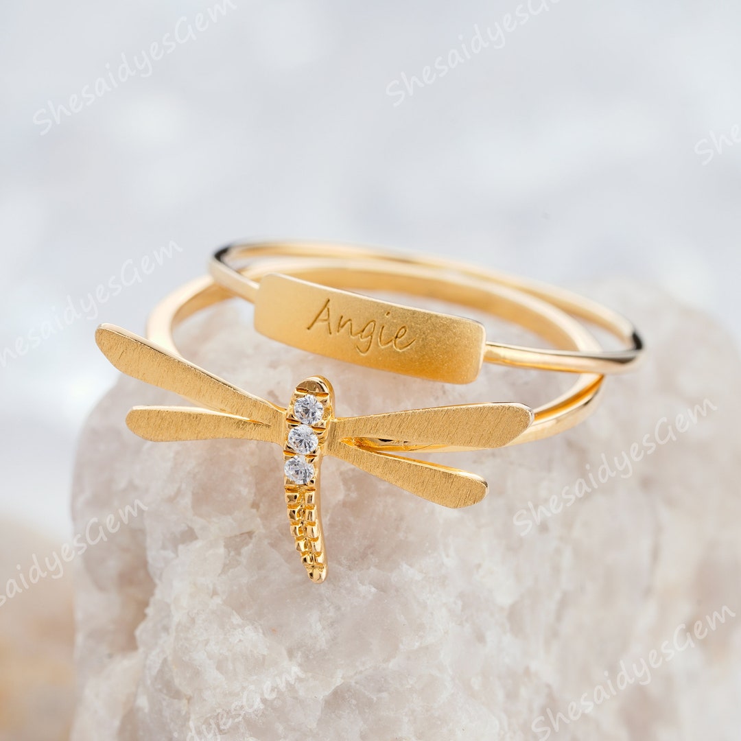 Vintage Dragonfly Engagement Engraved Bridal Set ,personalized Unique ...