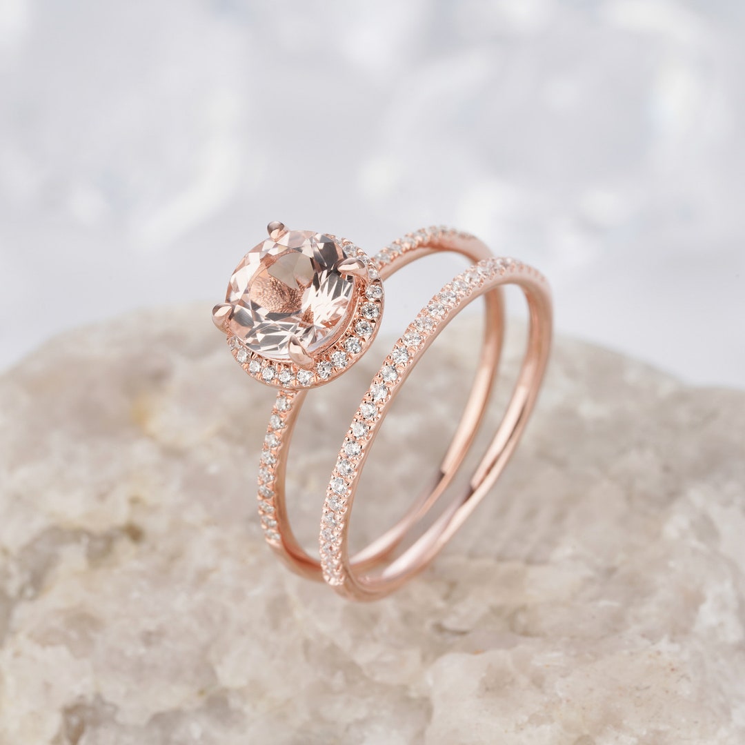 Vintage Round Pink Morganite and Diamond Engagement Ring Set, 14K Rose ...