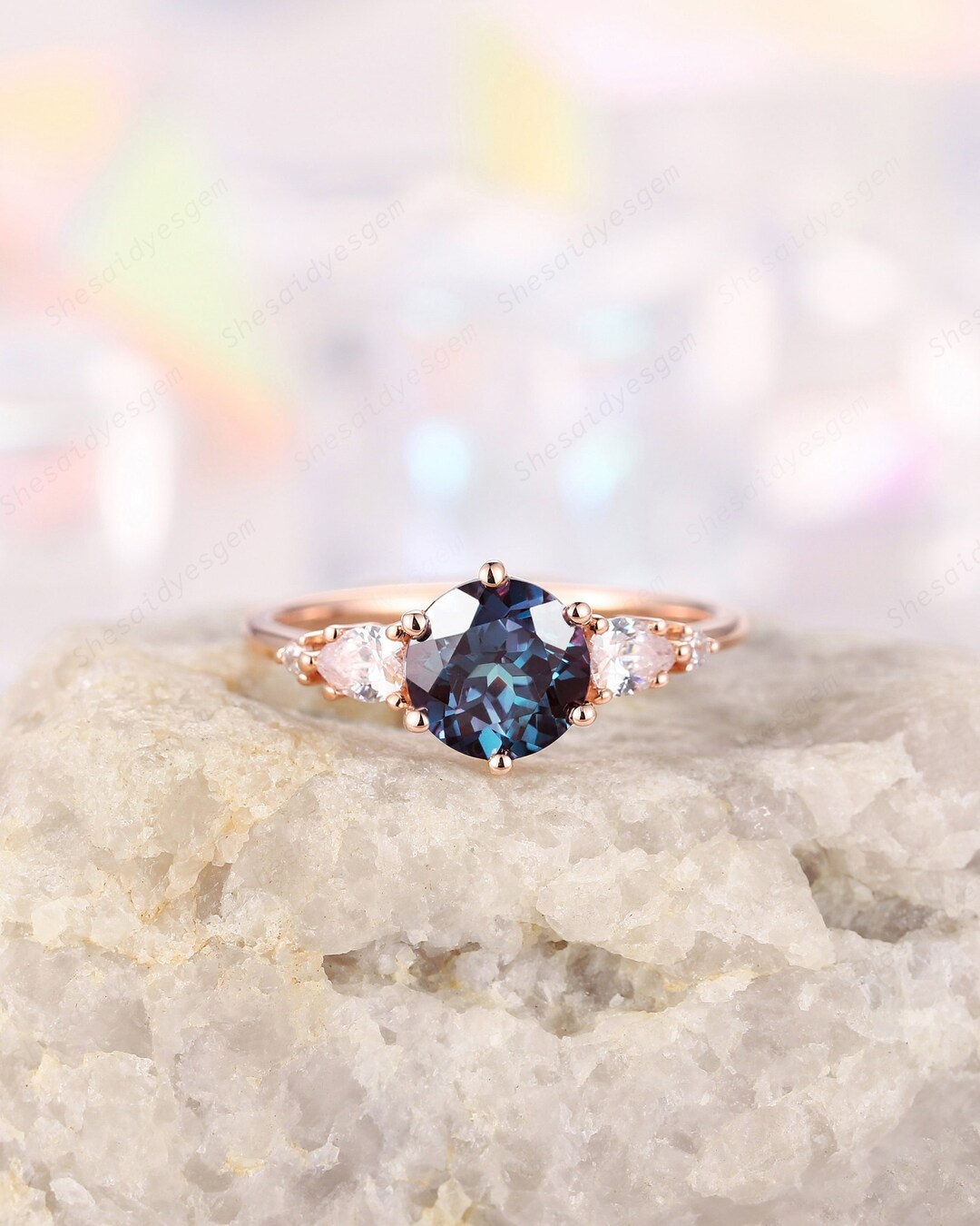 Vintage Alexandrite Engagement Ring, Round Shape Alexandrite Wedding ...