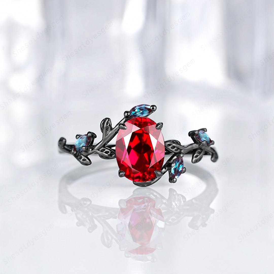 Black Gold Oval Ruby and Alexandrite Leaf Engagement Ring, Rhodium ...