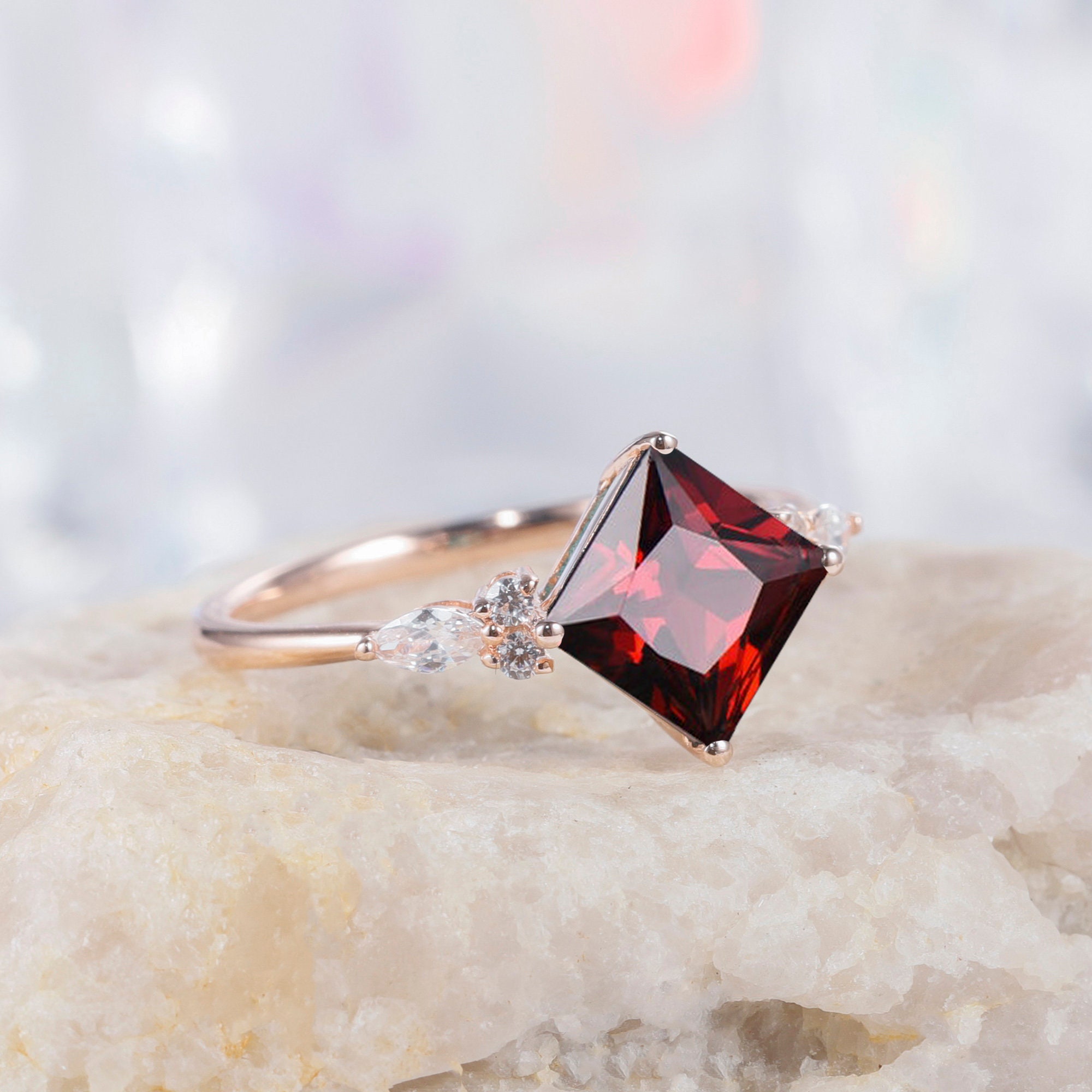 Vintage Princess Cut Garnet Diamond Engagement Ring, 14K Rose Gold ...