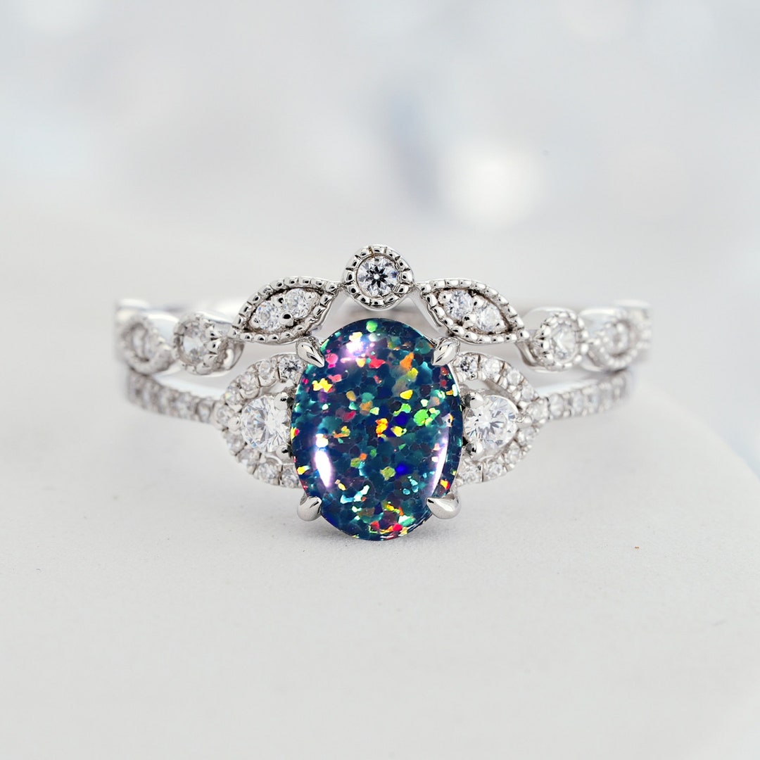 Vintage Multi Fire Black Opal Wedding Ring Set,14k White Gold Oval ...