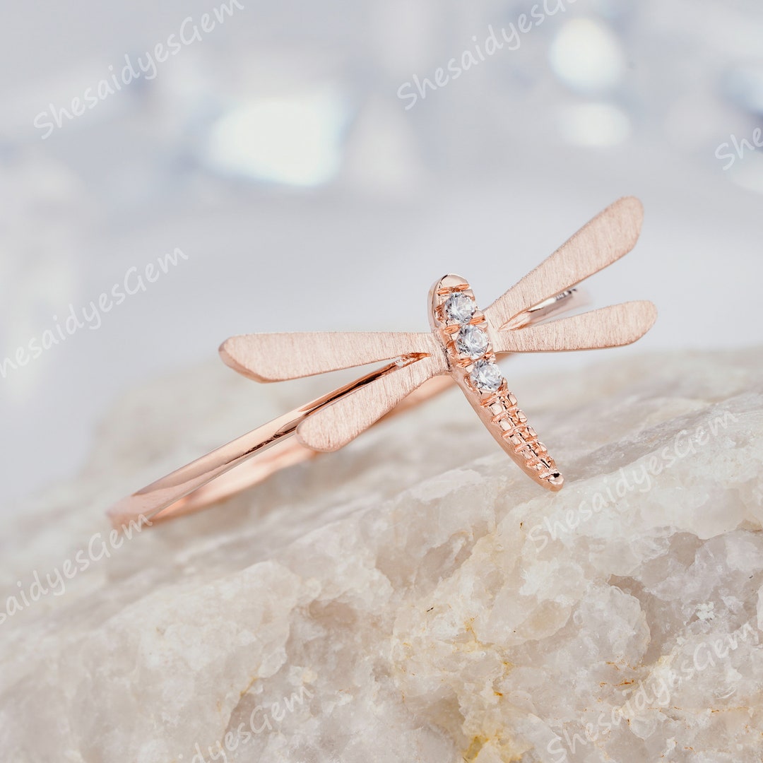 Art Deco Stylish Dragonfly Diamond Engagement Ring, Vintage 14k Rose ...