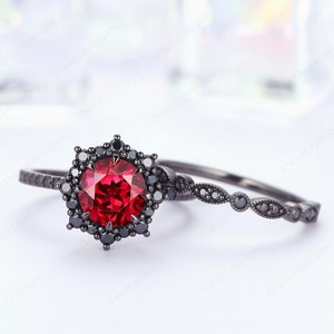 Black Gold Ruby Halo Engagement Ring Set, Vintage Ruby Black Moissanite ...