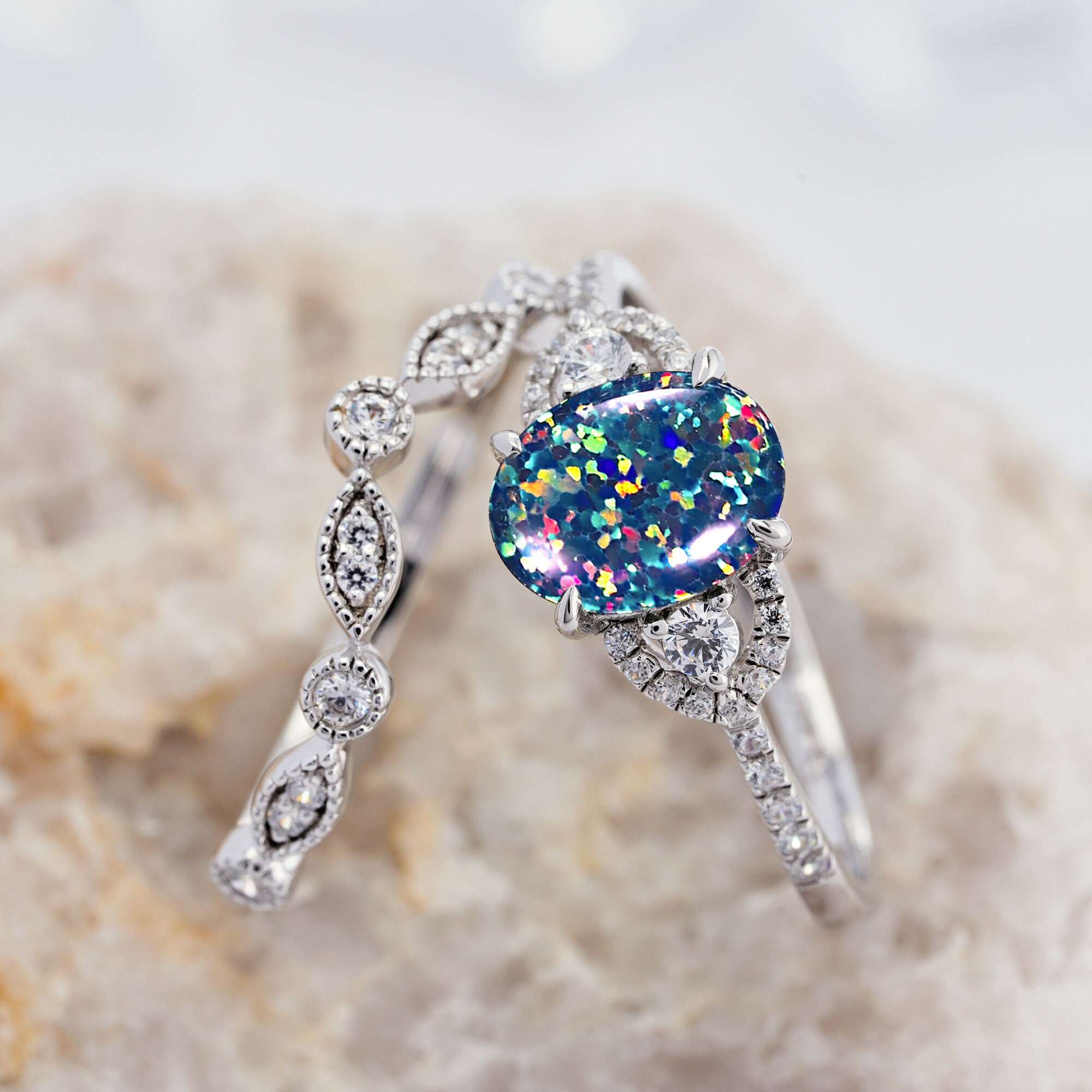 Vintage Multi Fire Black Opal Wedding Ring Set,14k White Gold Oval ...