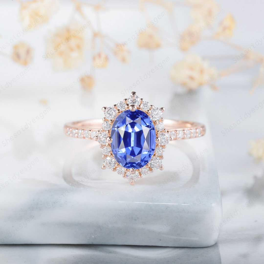 Oval Cornflower Blue Sapphire Engagement Ring, Blue Sapphire Floral Wedding Ring, Unique 14K ...