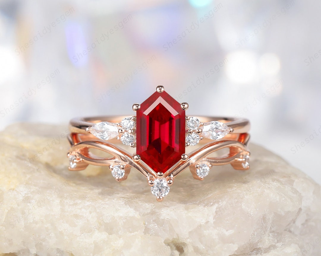 Vintage Hexagon Ruby Engagement Ring Set, Unique Rose Gold Ruby Promise ...