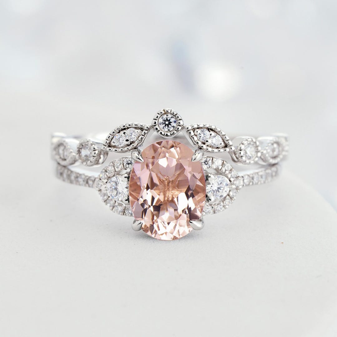 Vintage Natural Pink Morganite Cluster Engagement Ring Set, Unique Oval ...