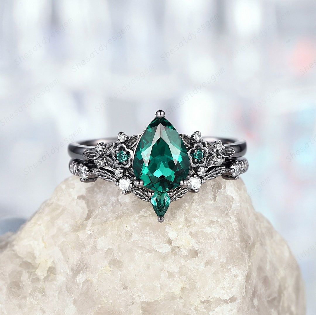 Black Floral Emerald Engagement Ring Set, Black Gold Nature Inspired ...