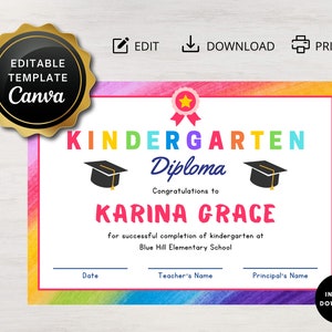 Kindergarten Graduation Diploma Canva Template Editable - Etsy