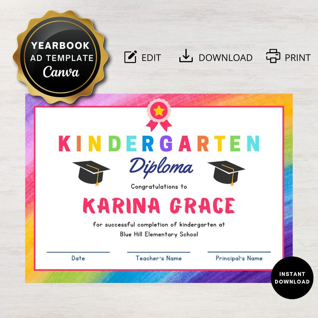 Kindergarten Graduation Diploma Canva Template | Editable Preschool ...