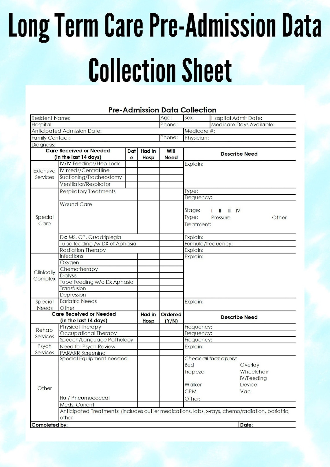 Long Term Care Pre Admission Data Collection Sheet - Etsy