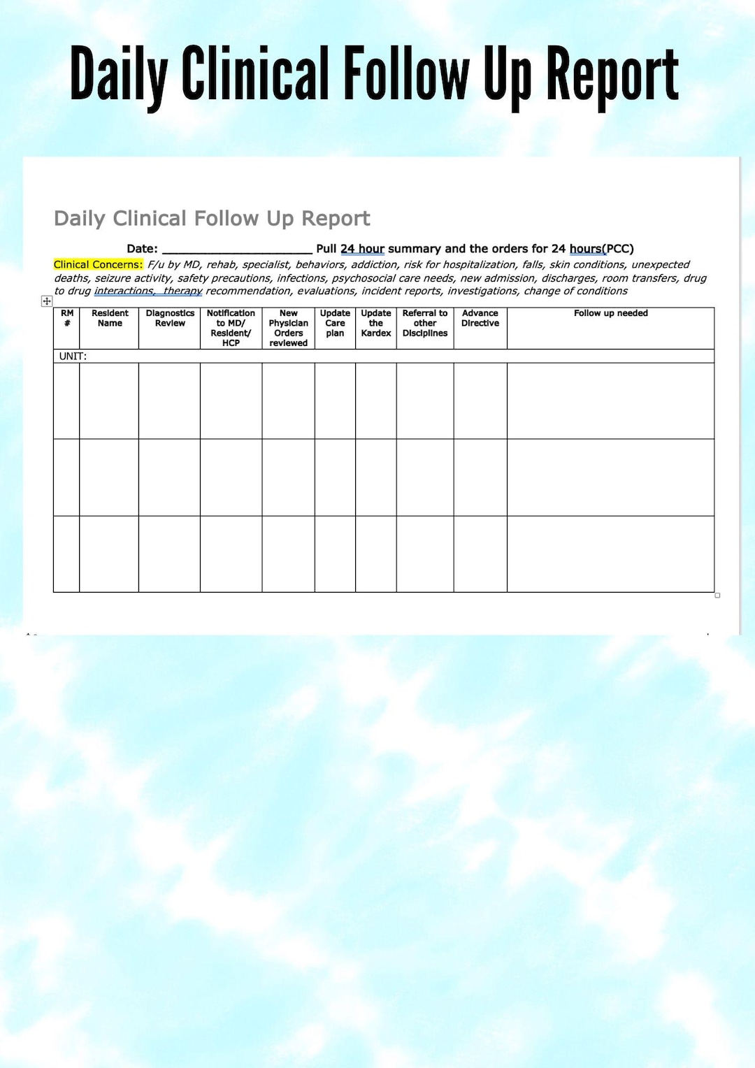Daily Clinical Follow up Sheet (ltc/skillled Nursing) - Etsy