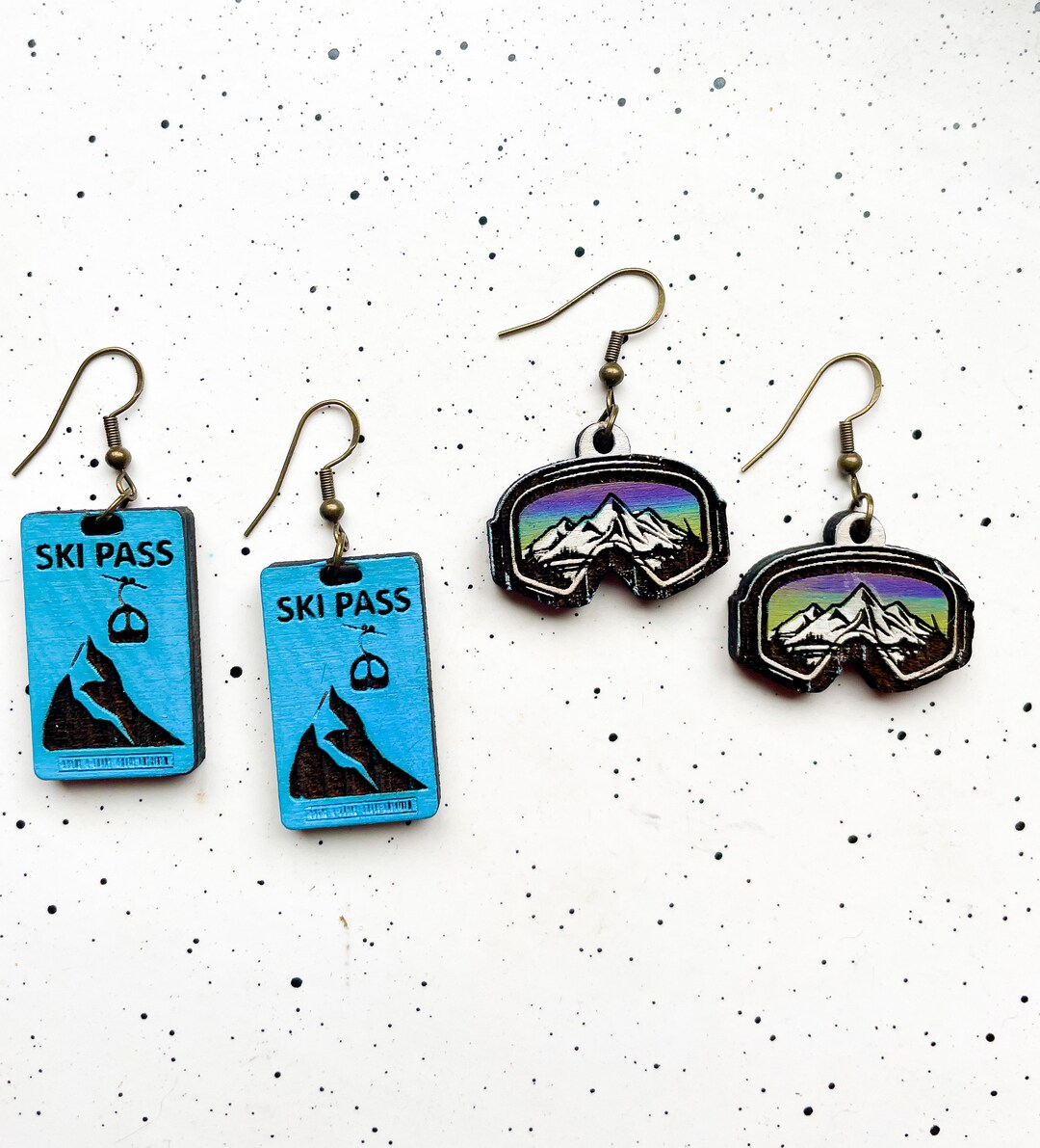 Adventure Goggles and Ski Pass Wooden Earrings, Snowboarding, Skiing ...