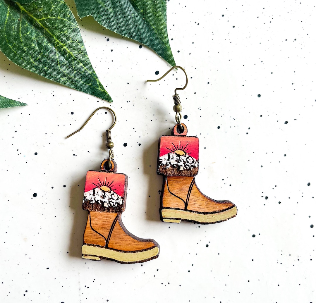 Mountain Sunrise Xtra Tuff Wooden Earrings, Boots, Pioneer Peak Alaska ...