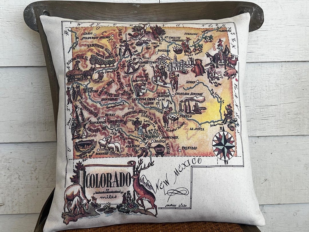 Vintage Colorado Map Pillow, CO Map Pillow, Farmhouse Pillows, Travel ...
