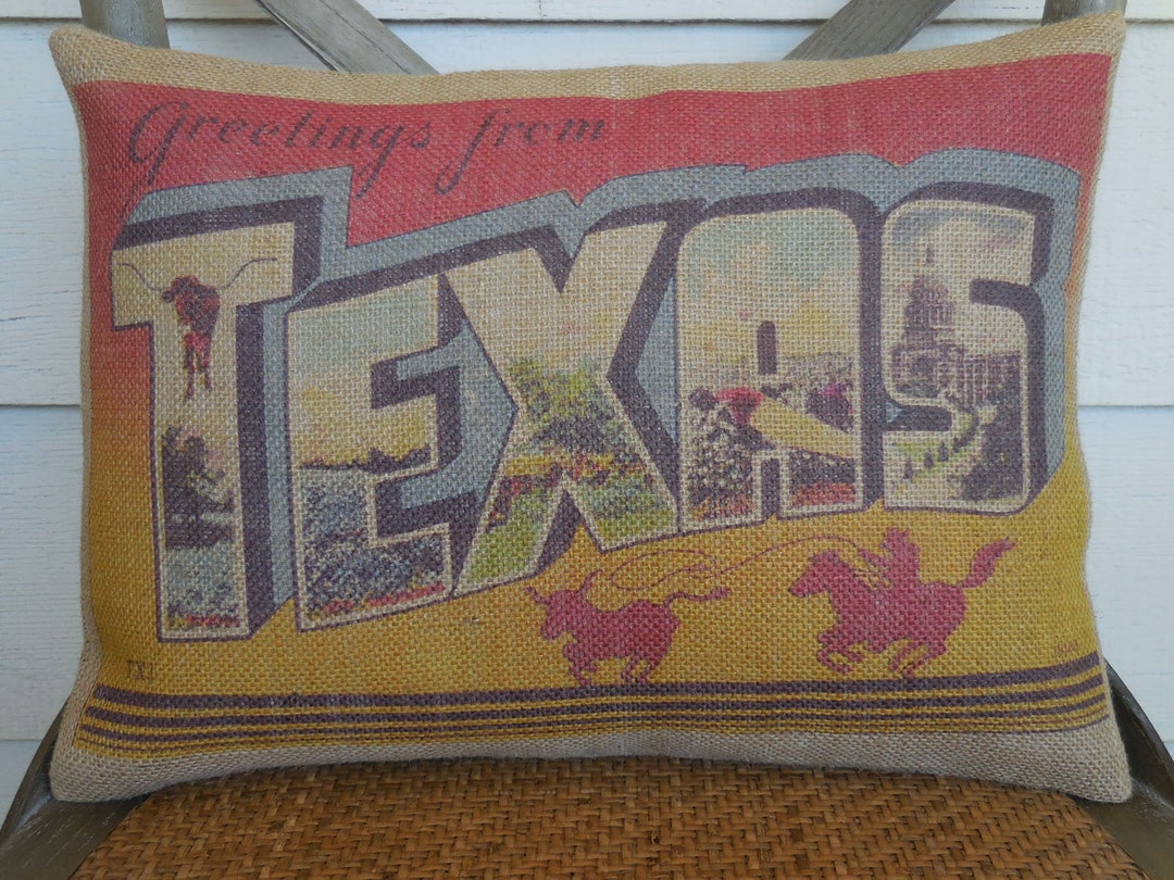 Texas Burlap Pillow, TX Postcard Pillow, Farmhouse Pillows, Travel Gift ...
