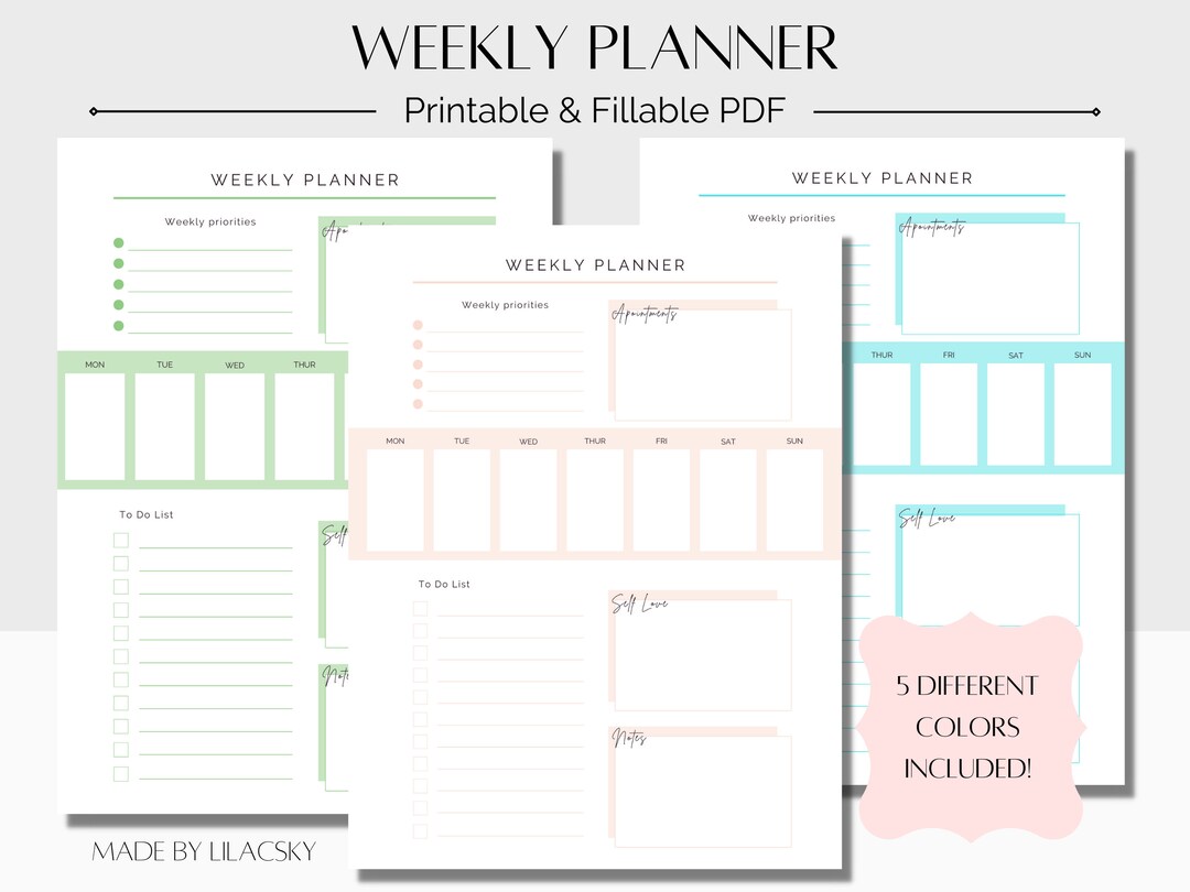 Minimalist, Multi Color, Printable and Fillable Weekly Planner PDF - Etsy