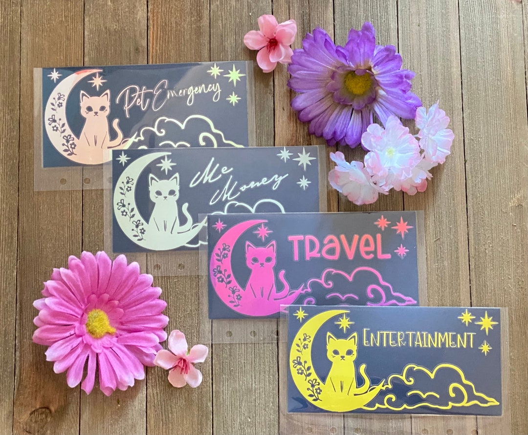 Clear Laminated A6 Cat and Crescent Moon Cash Envelopes With Blue ...