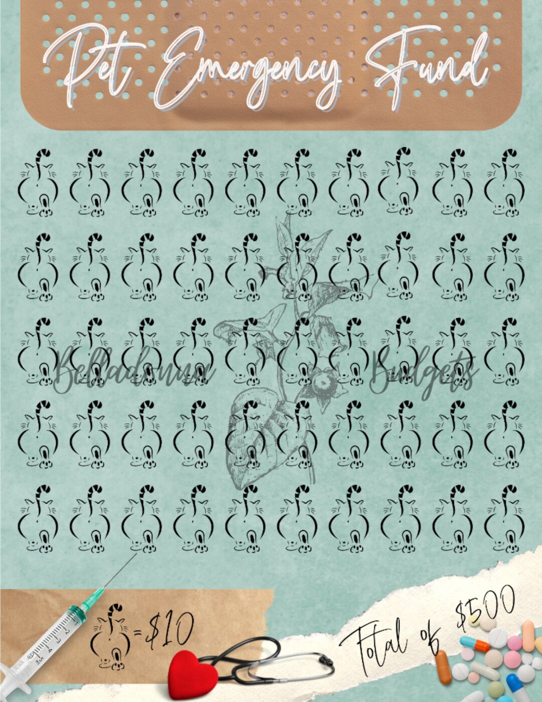 Printable Pet Emergency Fund Savings Challenge With Cat Butt 500 ...