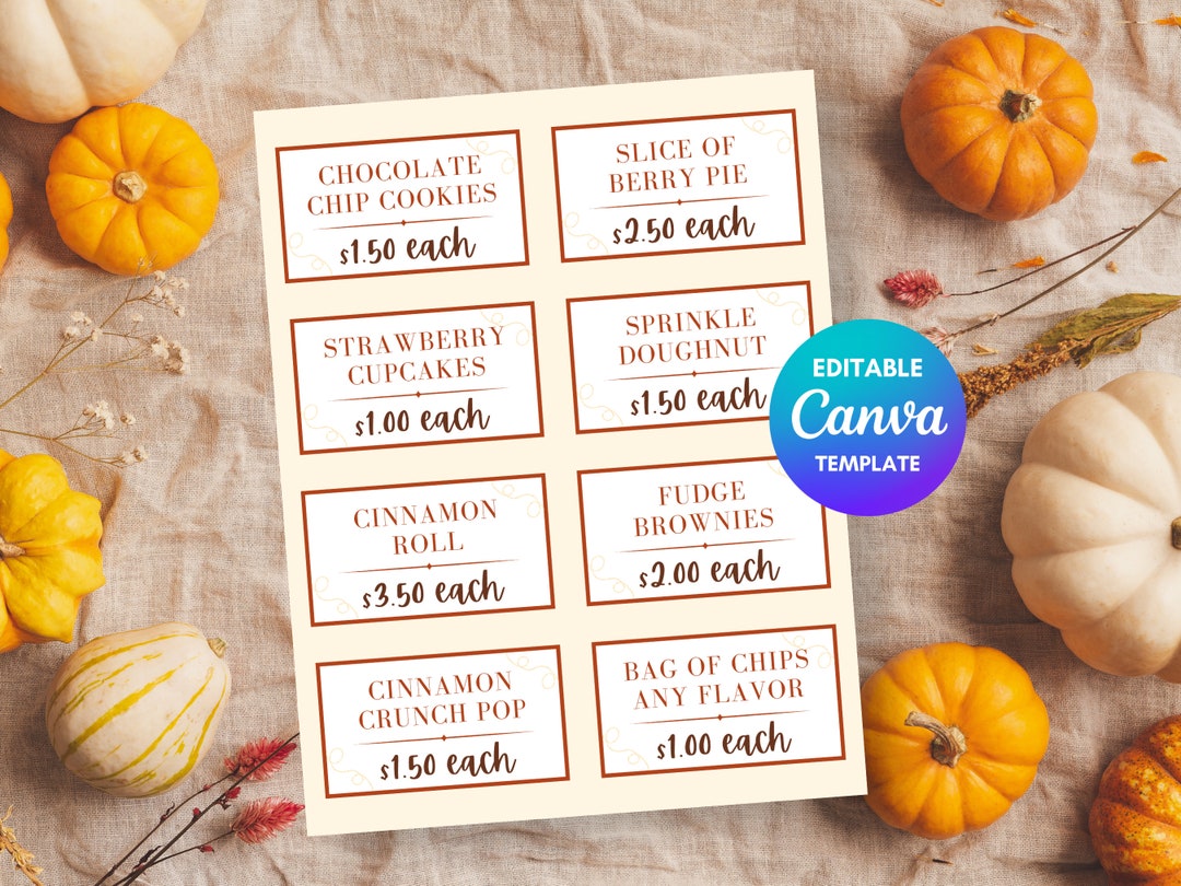 Autumn Bake Sale Price Tags Template, Fall Bake Sale Item Labels for ...