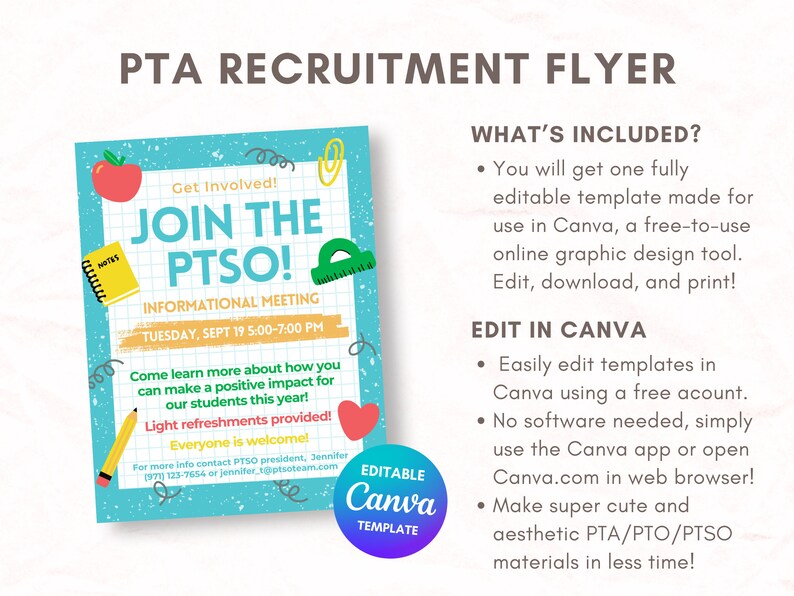 Editable PTA Recruitment Flyer, PTA Membership, Canva Template for PTO ...