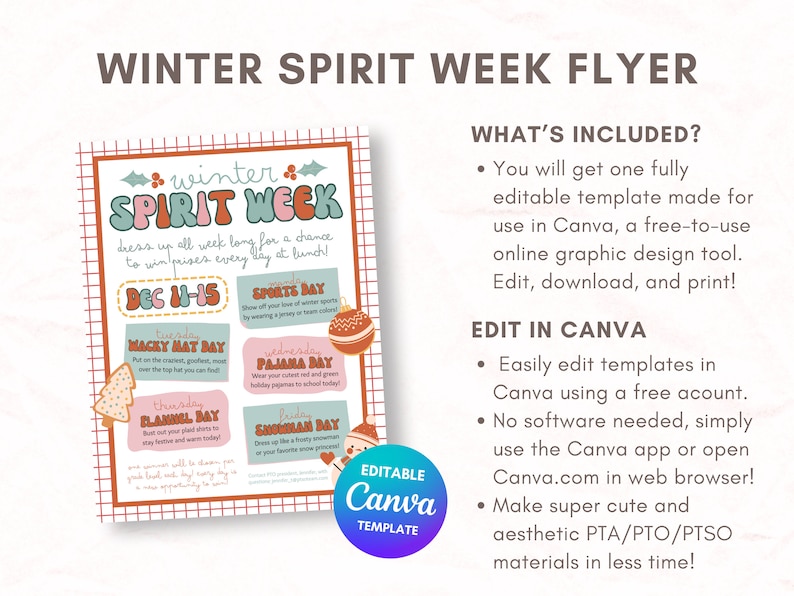 Winter Spirit Week Flyer Template, Holiday Dress-up Days (canva ...