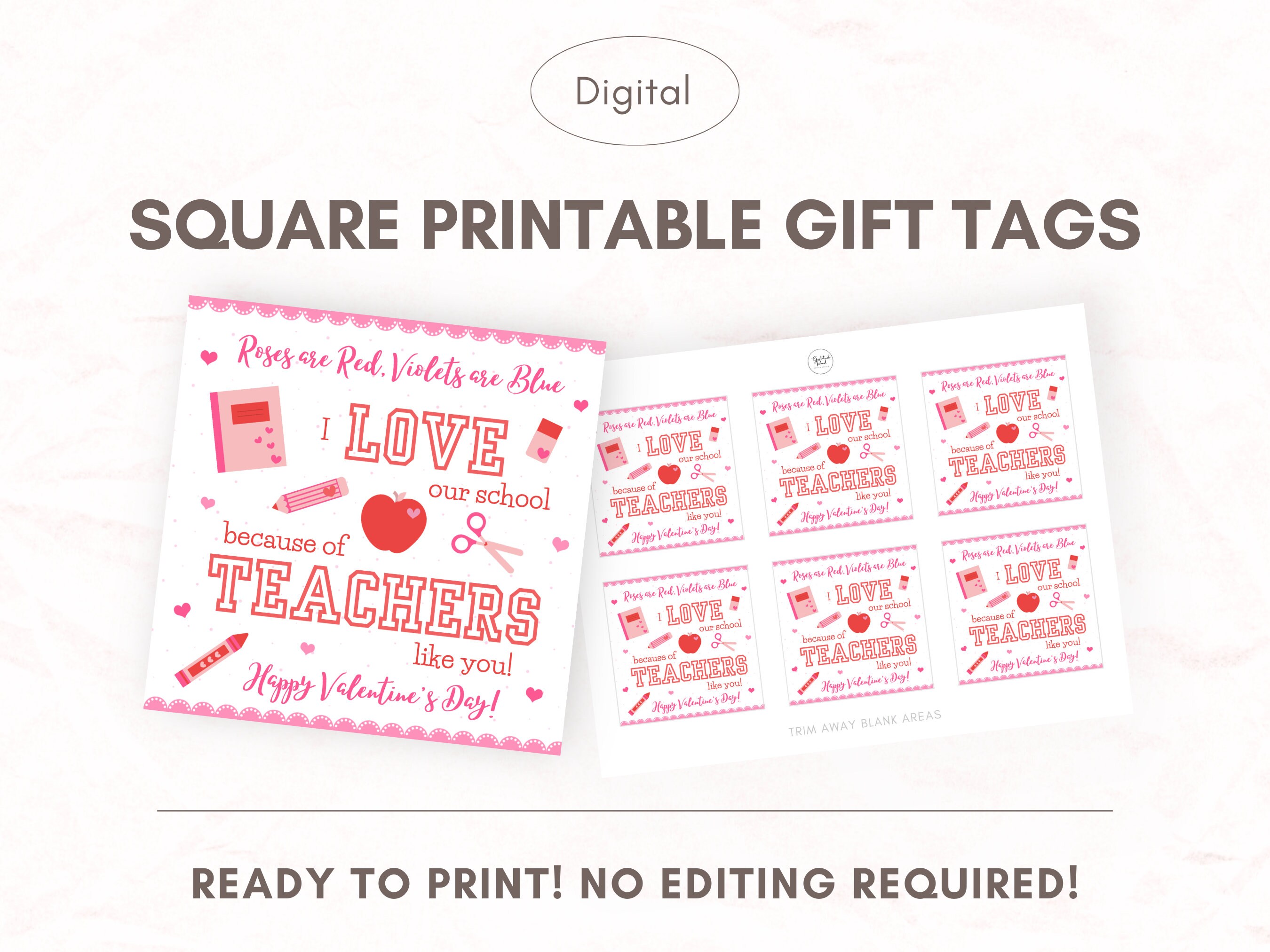 Printable Teacher Valentine's Day Tags, School Appreciation (PDF) - Etsy