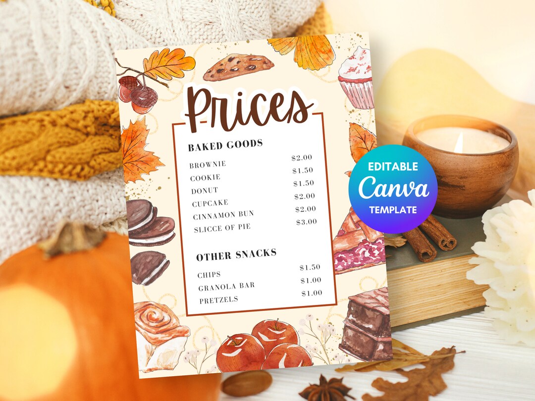 Autumn Bake Sale Price List Template Fall Bake Sale Pricing List For