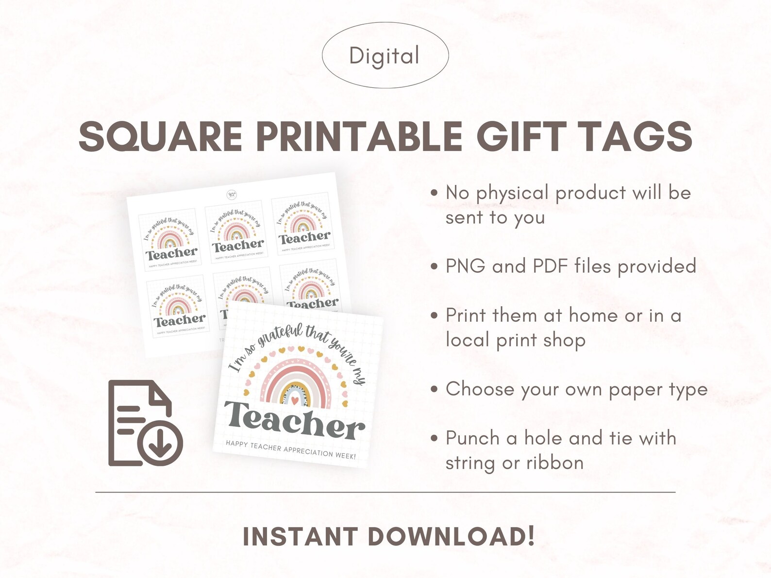 Teacher Thank You Gift Tag Printable, I'm so Grateful You're My Teacher ...