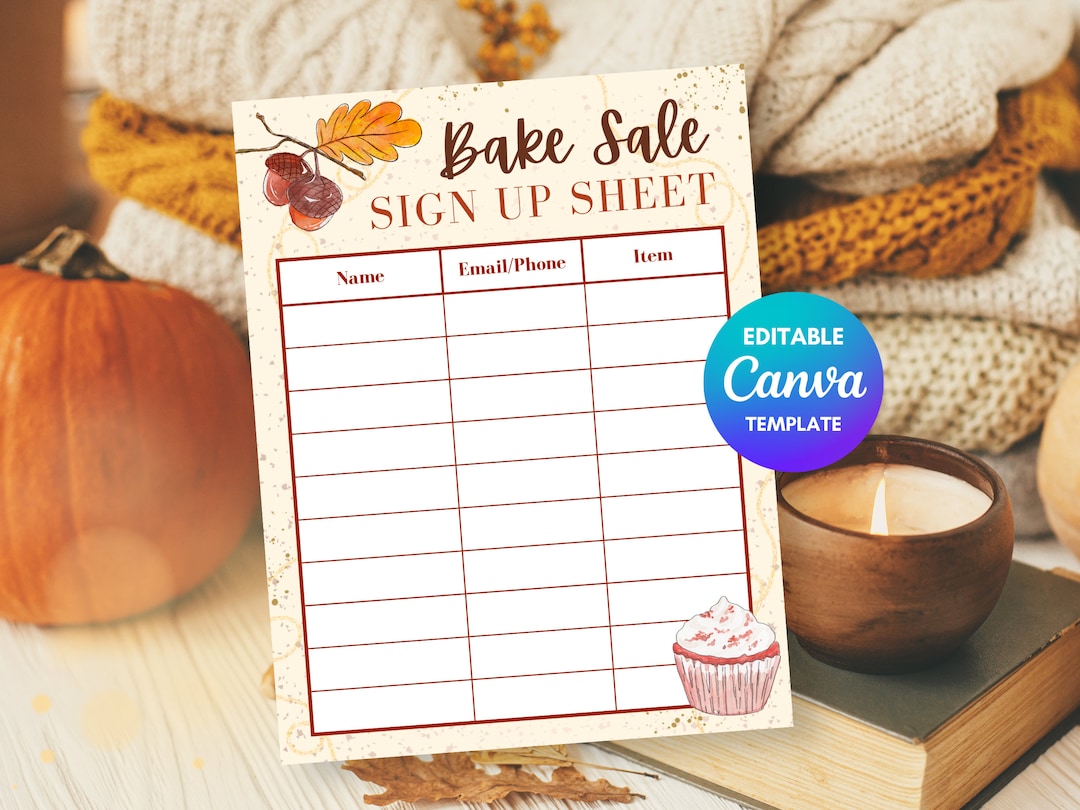 Autumn Bake Sale Sign up Sheet Template, Fall Bake Sale Sign Ups, PTA ...