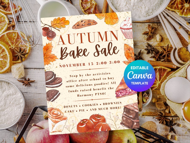 Autumn Bake Sale Flyer Template, Fall Bake Sale Flyer for Church Event ...