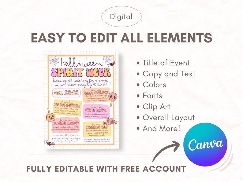 Halloween Spirit Week Flyer, School Event Calendar (canva Template) - Etsy