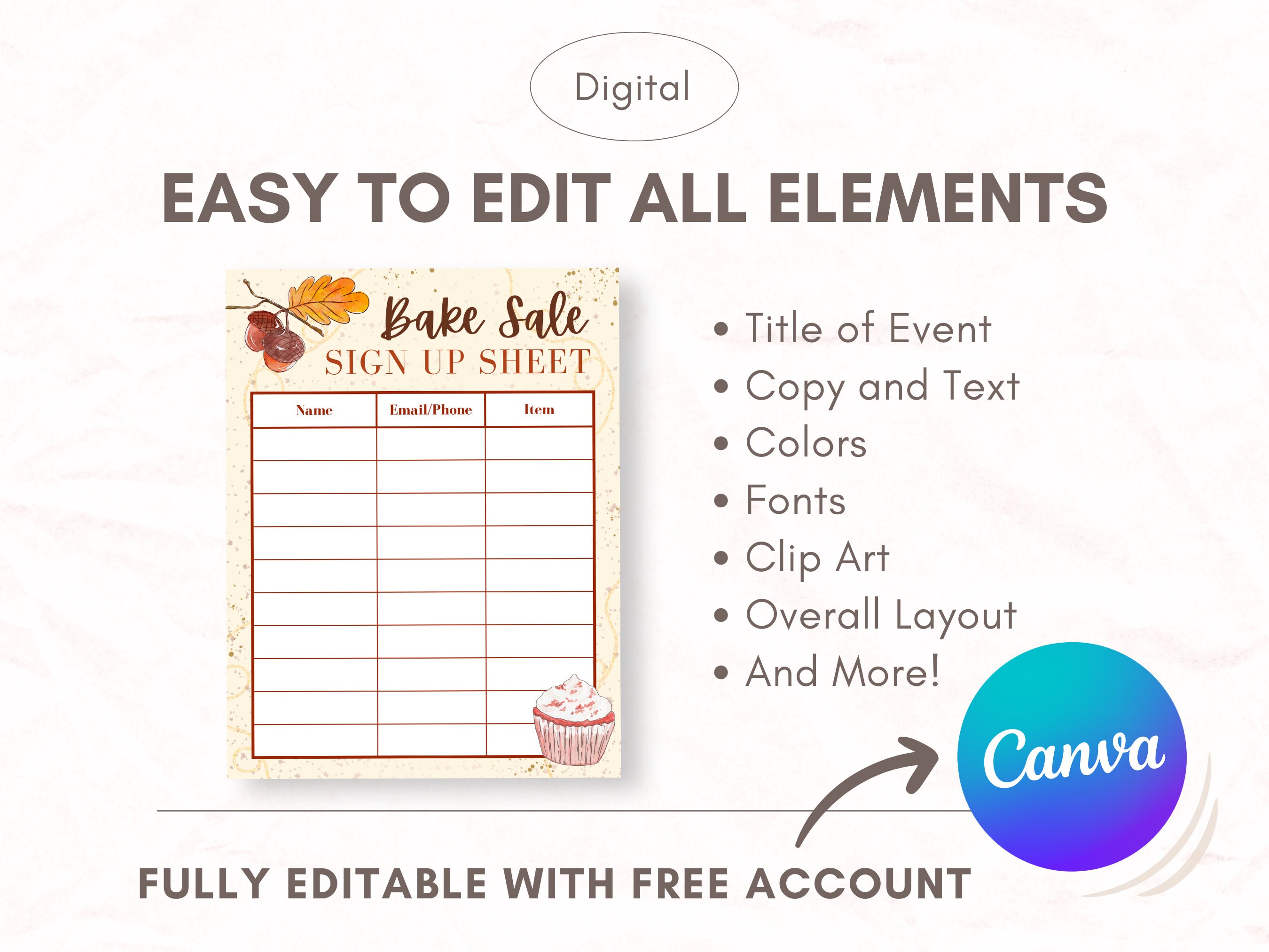 Autumn Bake Sale Sign up Sheet Template Fall Bake Sale Sign - Etsy