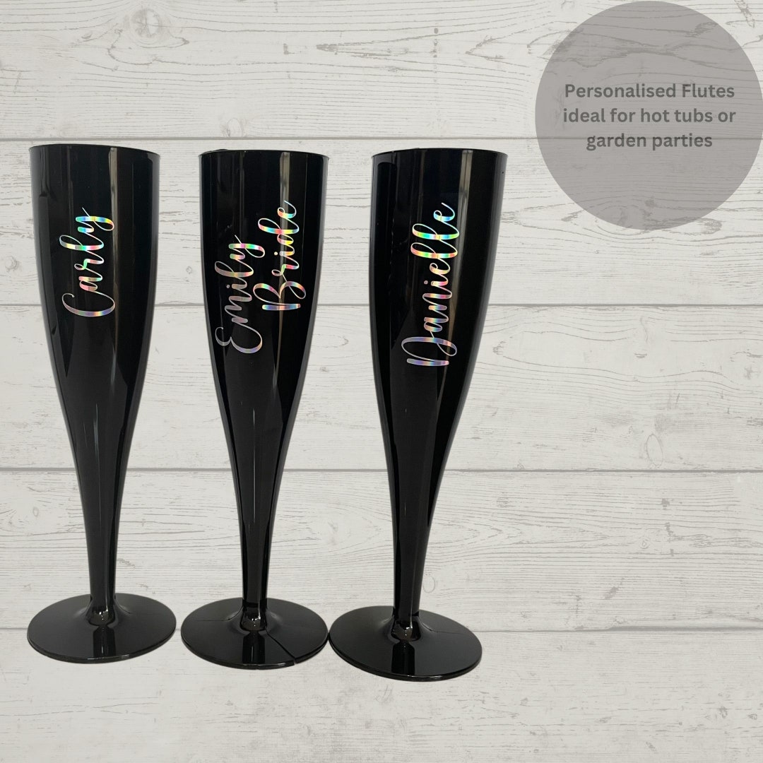 Personalised Black Plastic Prosecco Flute Hen Party Wedding Glasses Hot ...
