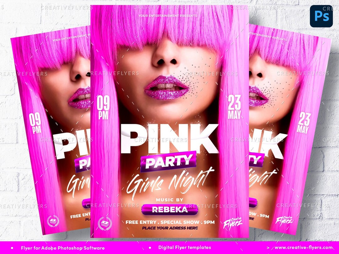 Pink Party Flyer, Photoshop Templates, Ladies Night, Girl's Party, Pink ...