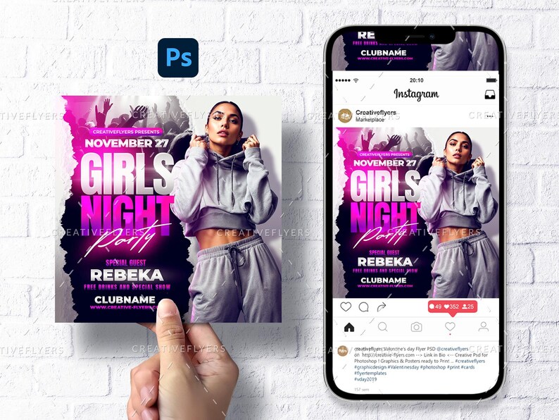 Girls Night Party Flyer | 4x4 Photoshop Design| Editable Flyer Template ...