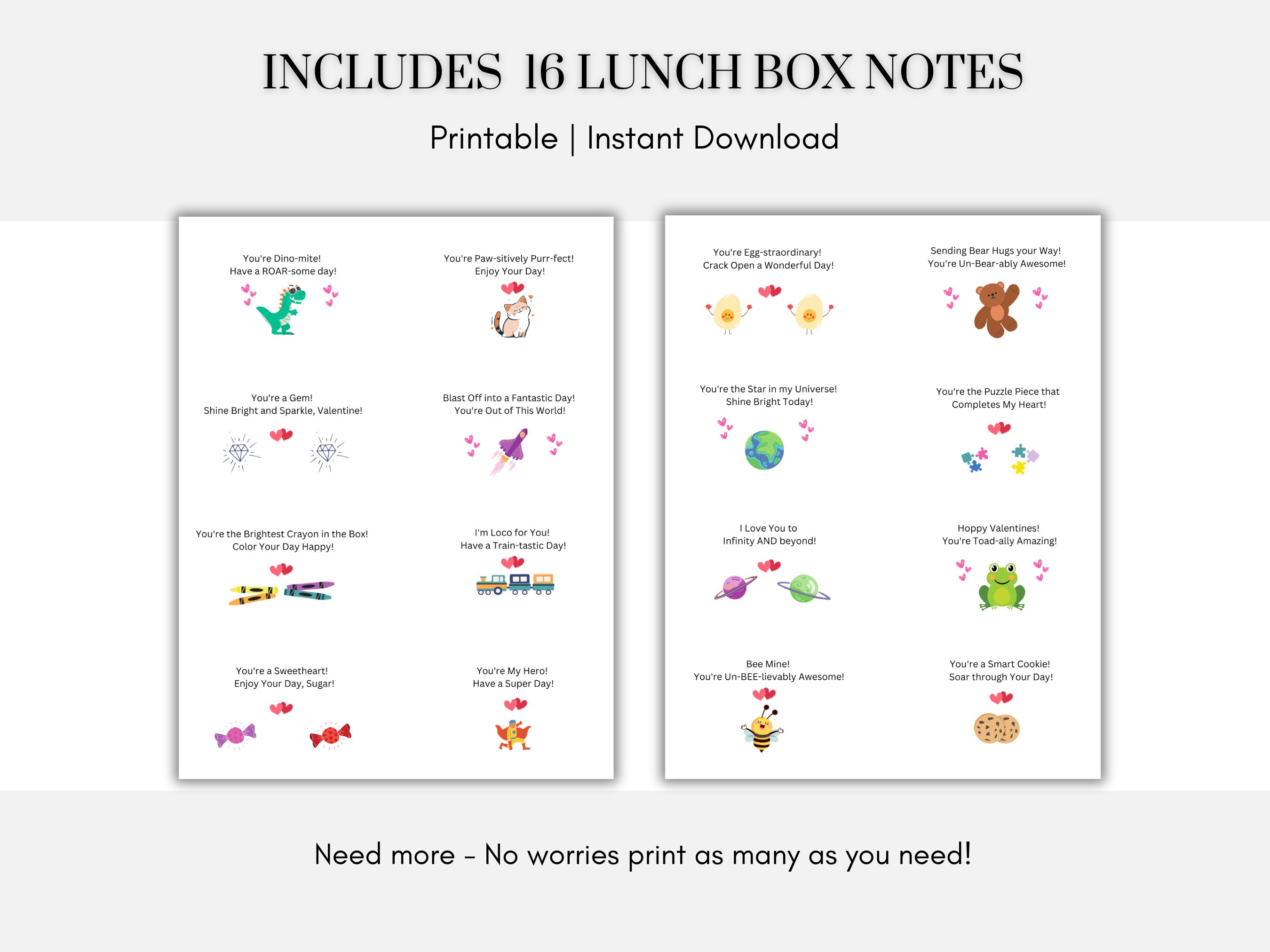 Lunchbox Note Cards for Kids Printable Valentines for Kids Lunchbox ...