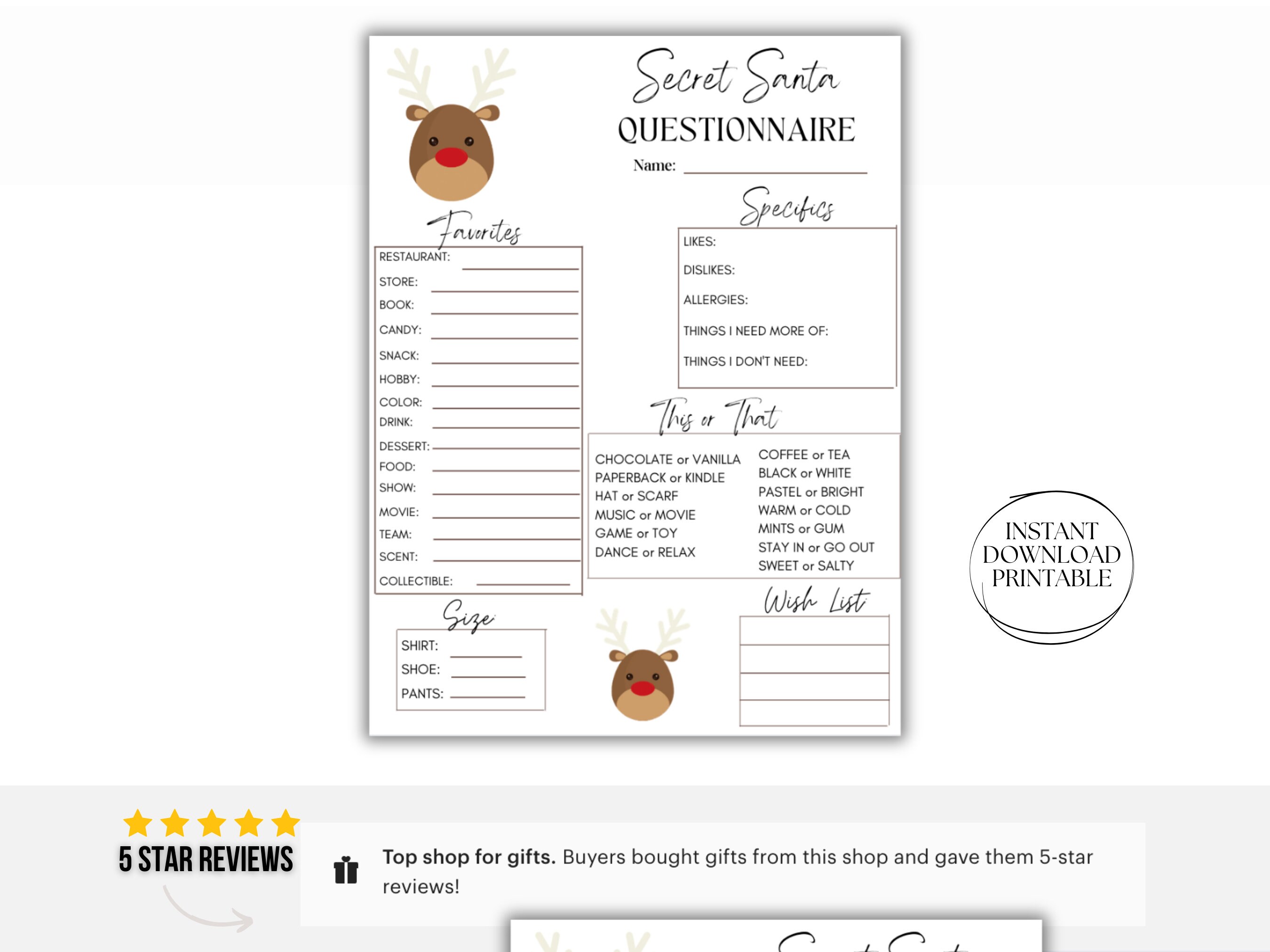 Gift Questionnaire for Kids Printable PDF for Kids Secret Santa Gift ...