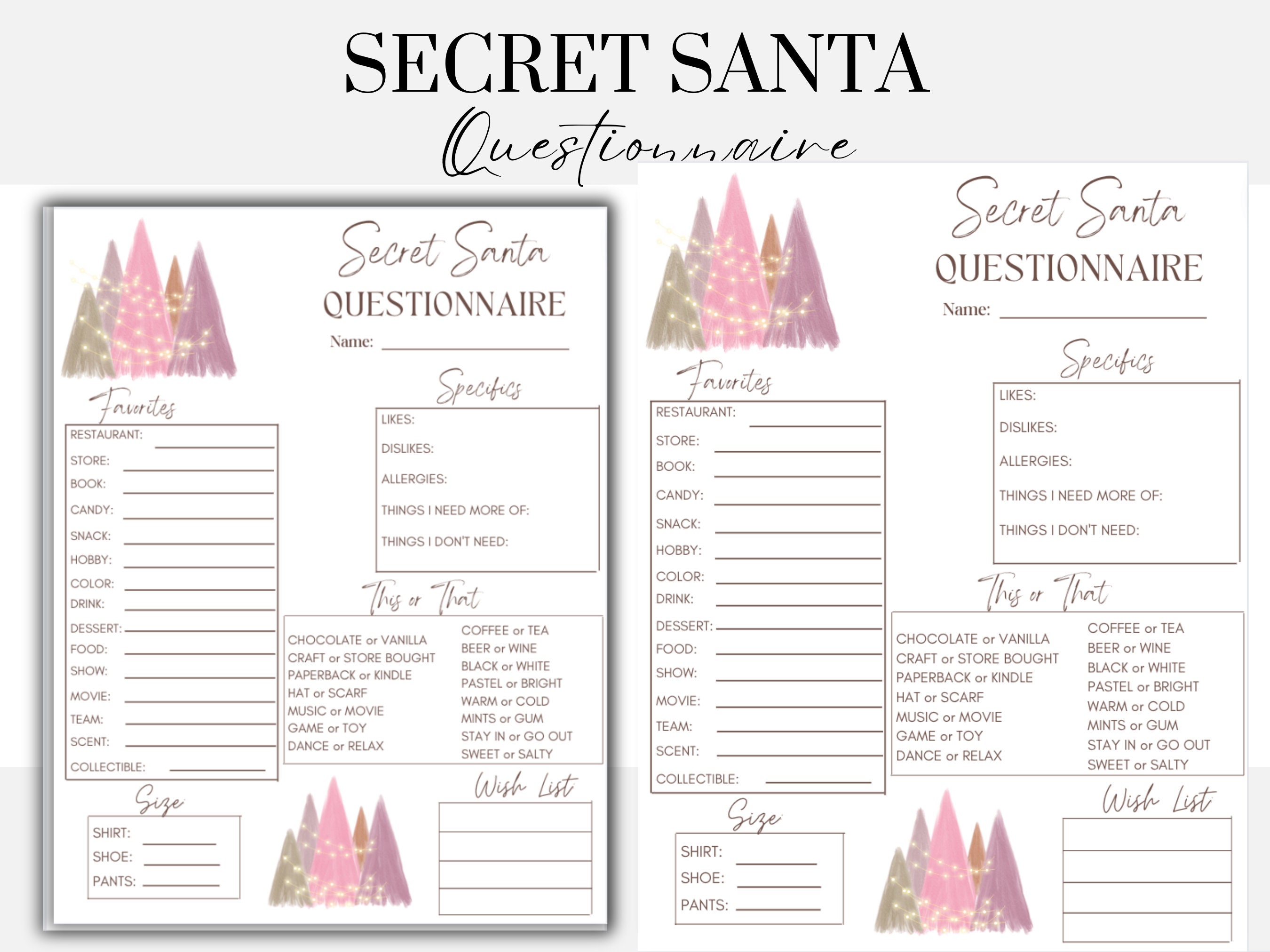 Printable PDF Secret Santa Gift Exchange Questionnaire work or Personal ...