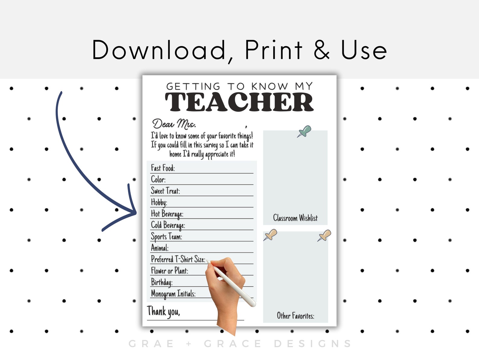 Favorites Teacher Survey Printable Gift Questionnaire for Teachers ...