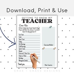 Favorites Teacher Survey Printable Gift Questionnaire for Teachers ...