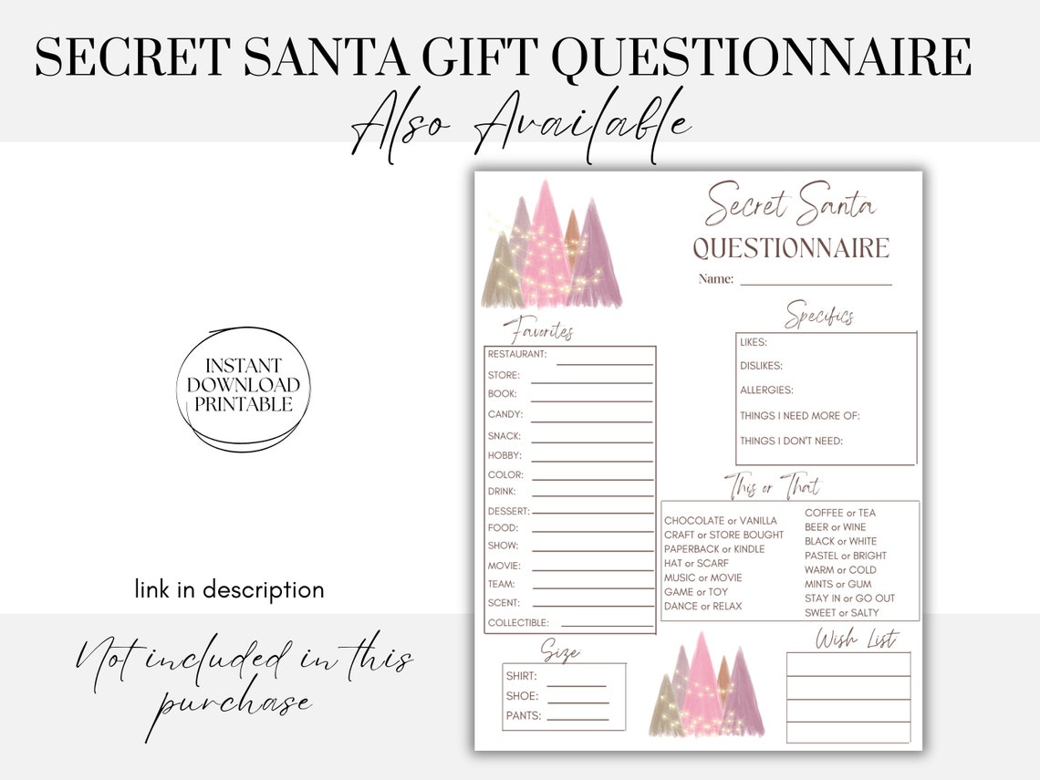 Secret Holiday Elf Gift Exchange Questionnaire Printable PDF (work or ...