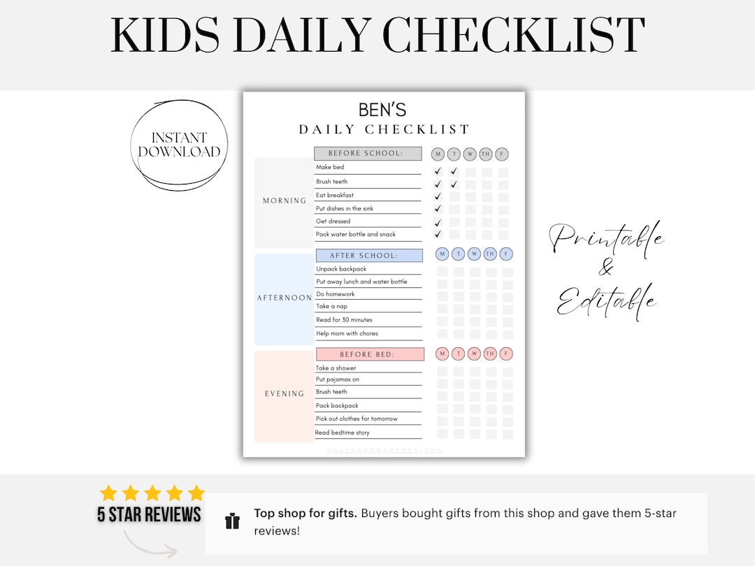 Kids Daily School Checklist Schedule Printable Editable Chore - Etsy