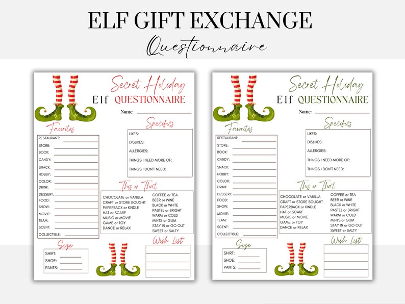 Secret Holiday Elf Gift Exchange Questionnaire Printable PDF (work or ...