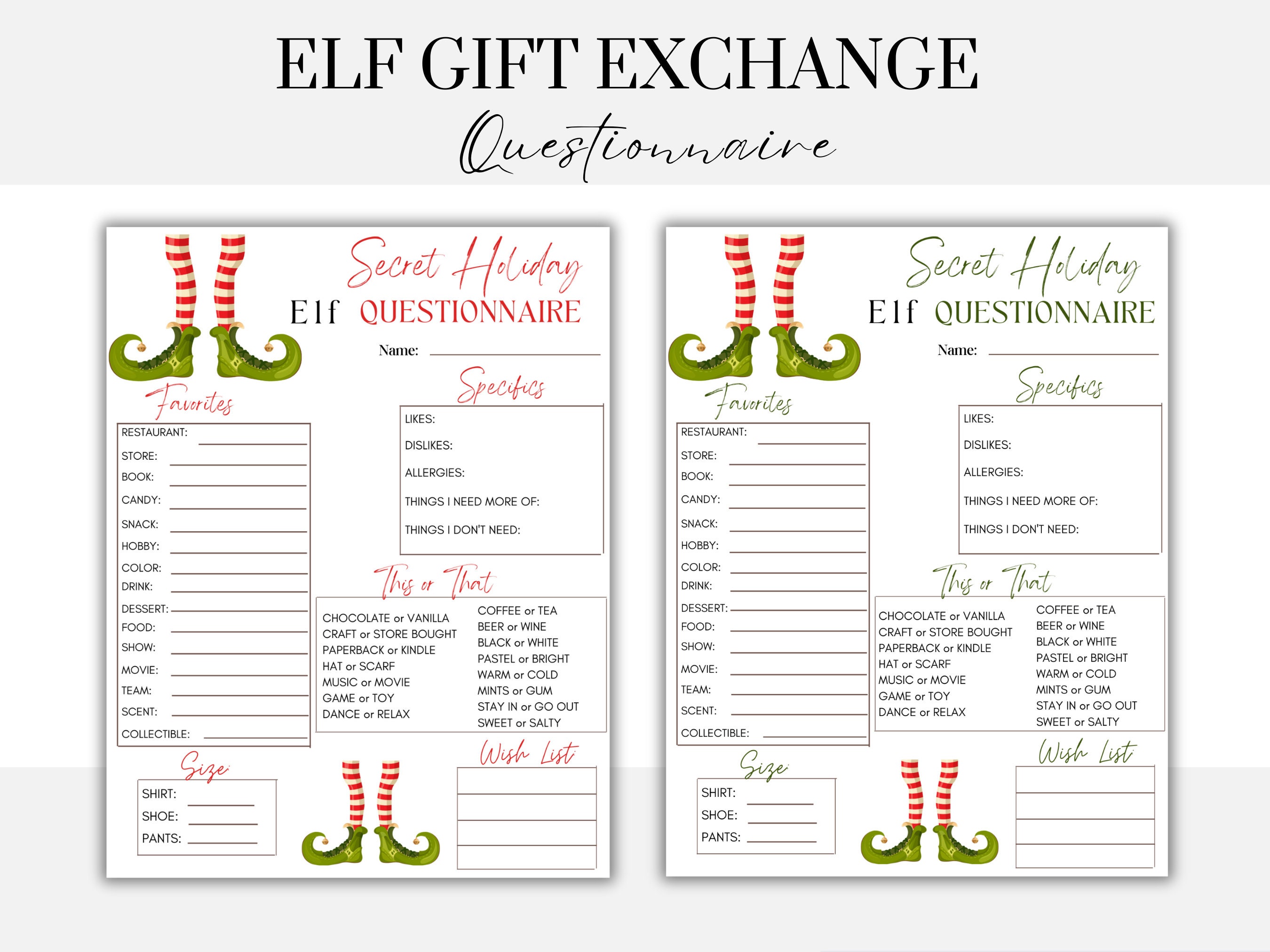 Secret Holiday Elf Gift Exchange Questionnaire Printable PDF (work or ...