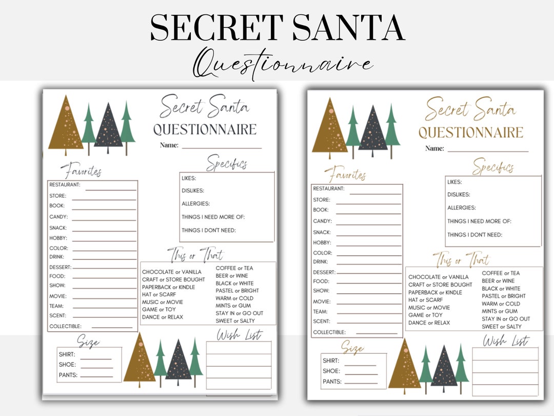 Secret Holiday Elf Gift Exchange Questionnaire Printable PDF (work or ...