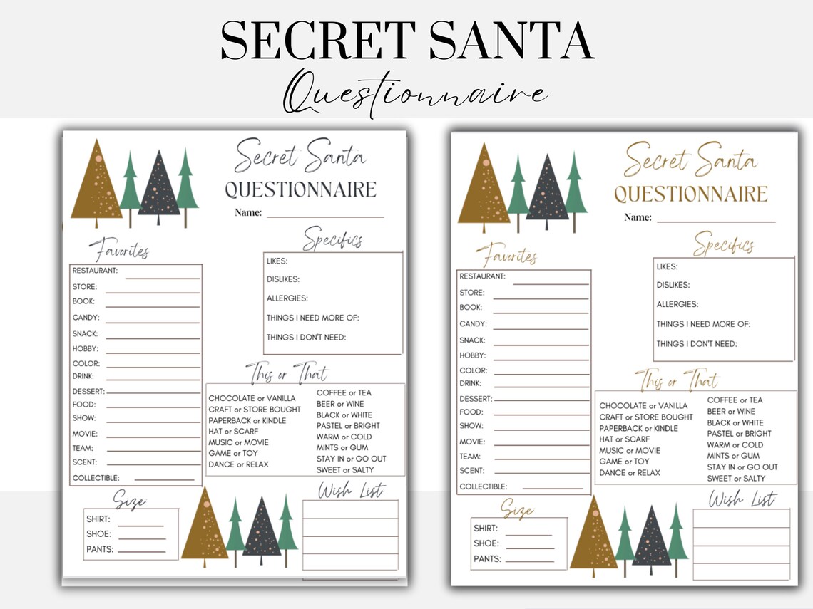 Secret Holiday Elf Gift Exchange Questionnaire Printable PDF (work or ...