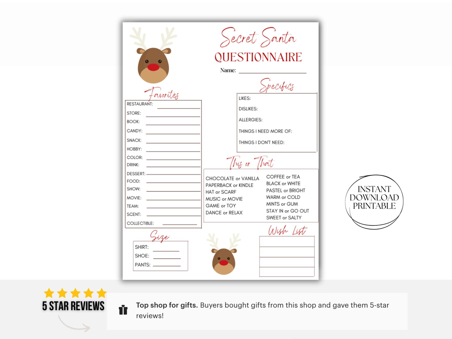 Gift Questionnaire for Kids Printable PDF for Kids Secret Santa Gift ...